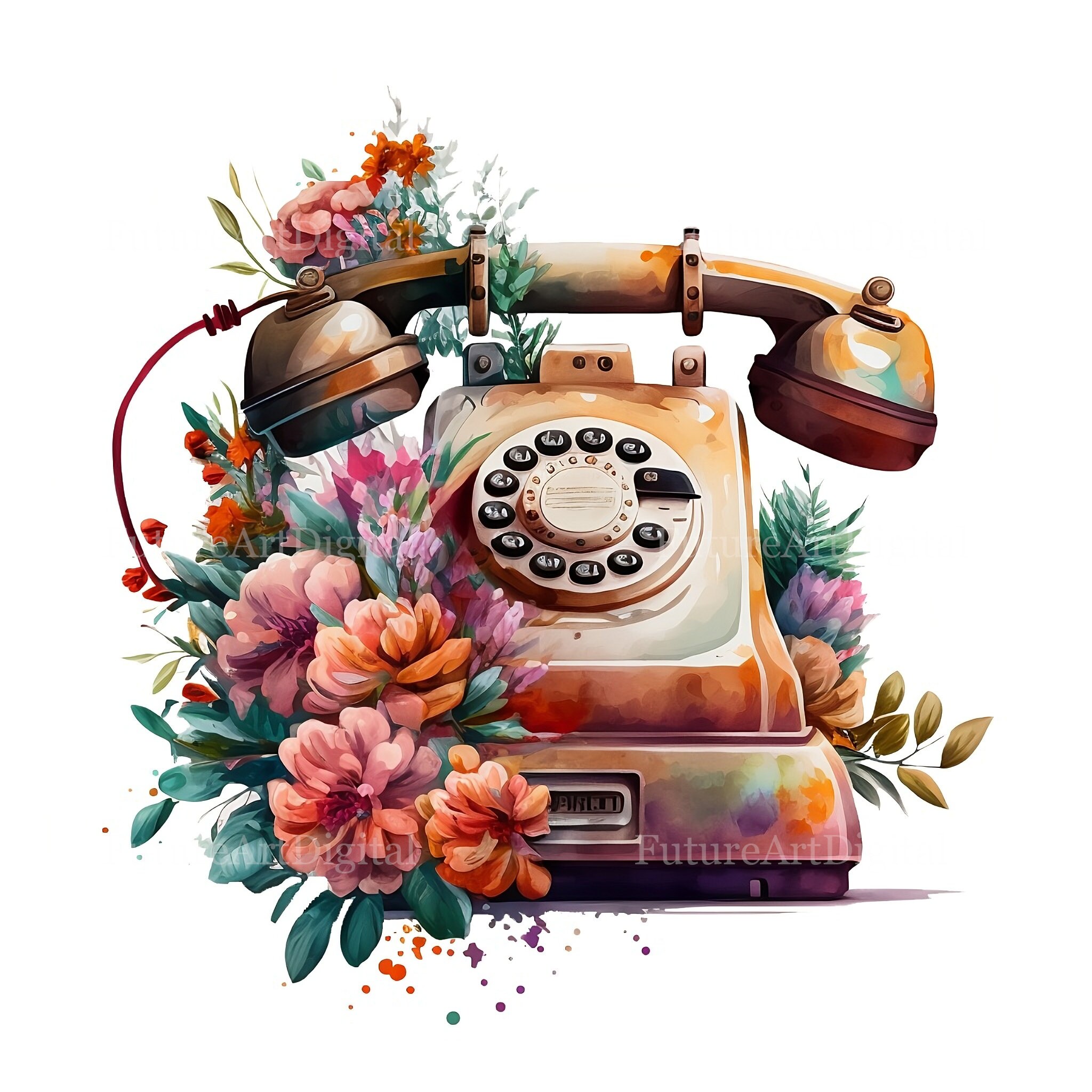 Watercolor Retro Landline Phone Sublimation PNG, Retro Telephone ...