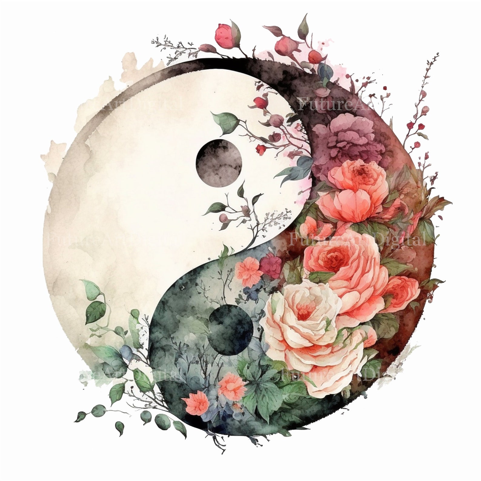 Watercolor Yin Yang Sign With Roses Printable Wall Art, Yin Yang Sign ...