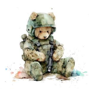 Watercolor Teddy Bear in a Tactical Suit PNG, Army Teddy Bear Digital ...