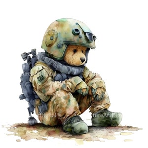 Watercolor Teddy Bear in a Tactical Suit PNG, Army Teddy Bear Digital ...