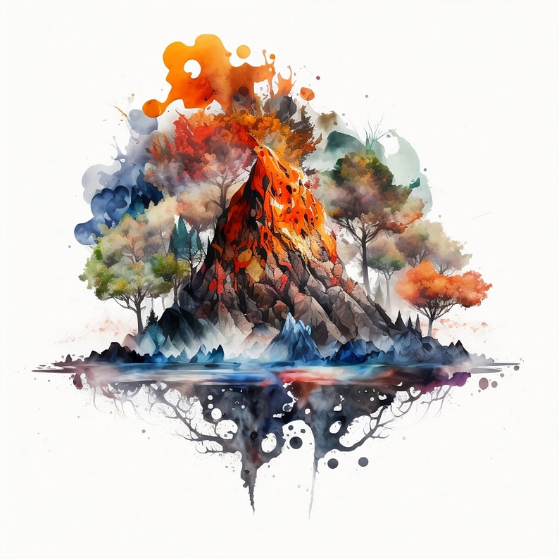 Watercolor Volcano PNG, Volcano on an Island Digital Clipart, Volcano ...