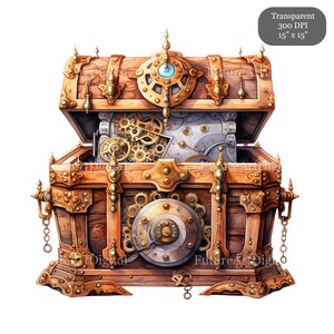 12 Watercolor Steampunk Treasure Chest Digital Clipart, Treasure Chest ...