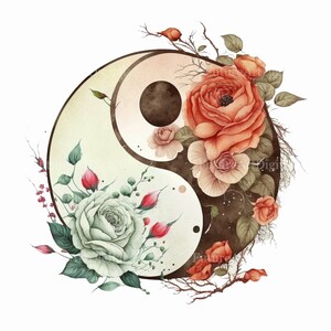 Watercolor Yin Yang Sign With Roses Printable Wall Art, Yin Yang Sign ...