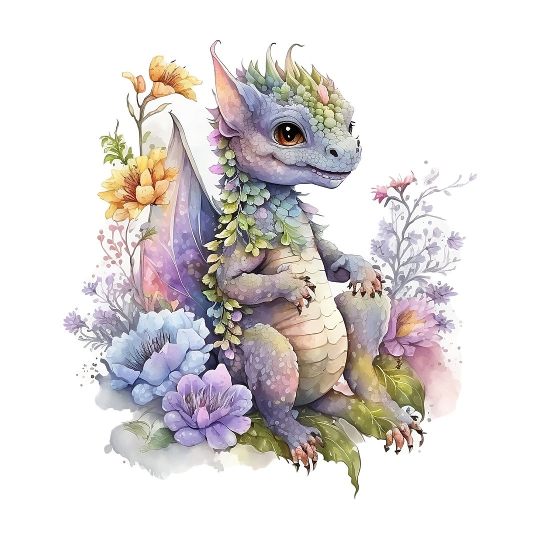 Watercolor Baby Dragon Sublimation PNG, Baby Dragon With Flowers ...