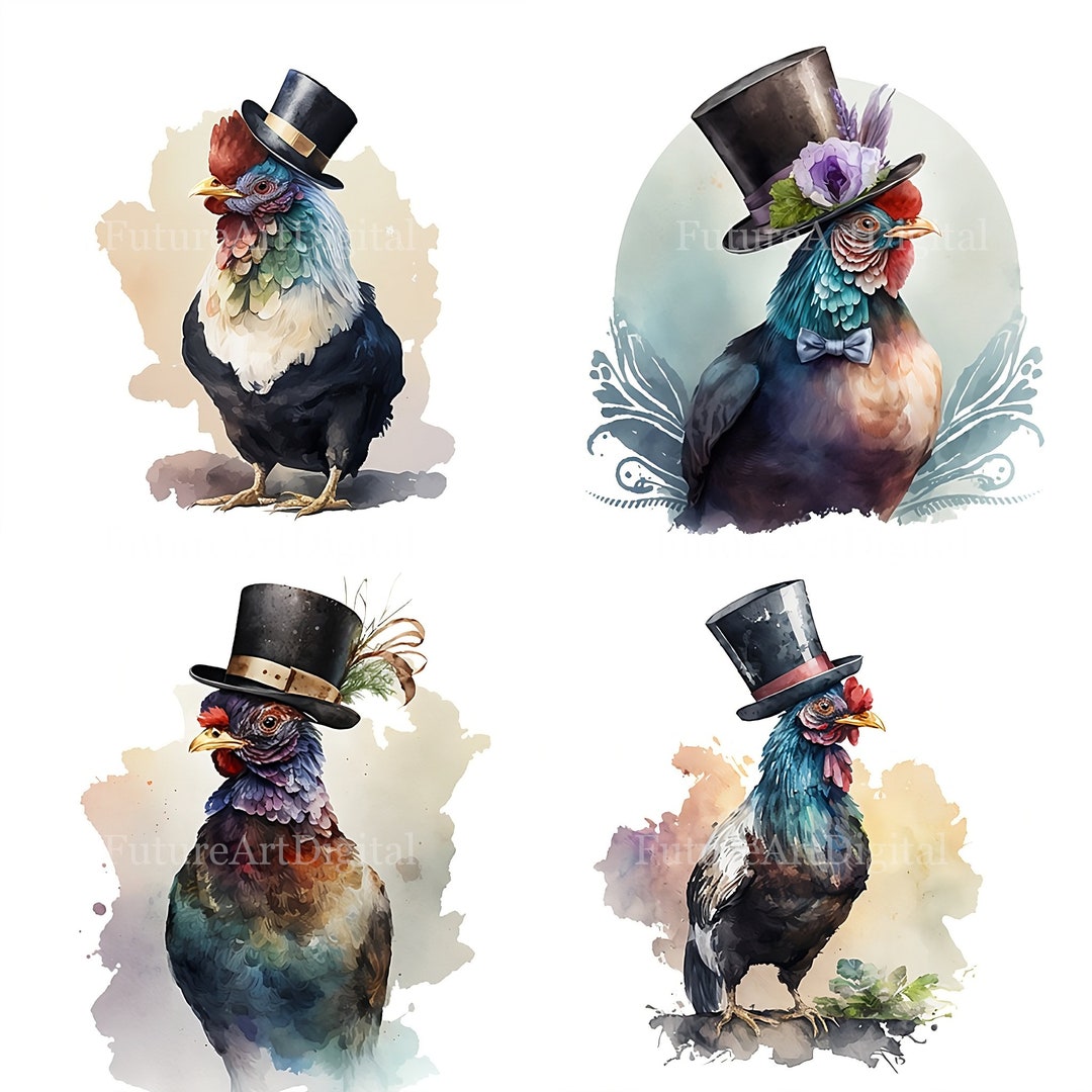Watercolor Chicken in a Cylinder Hat Sublimation PNG, Chicken in a Hat ...