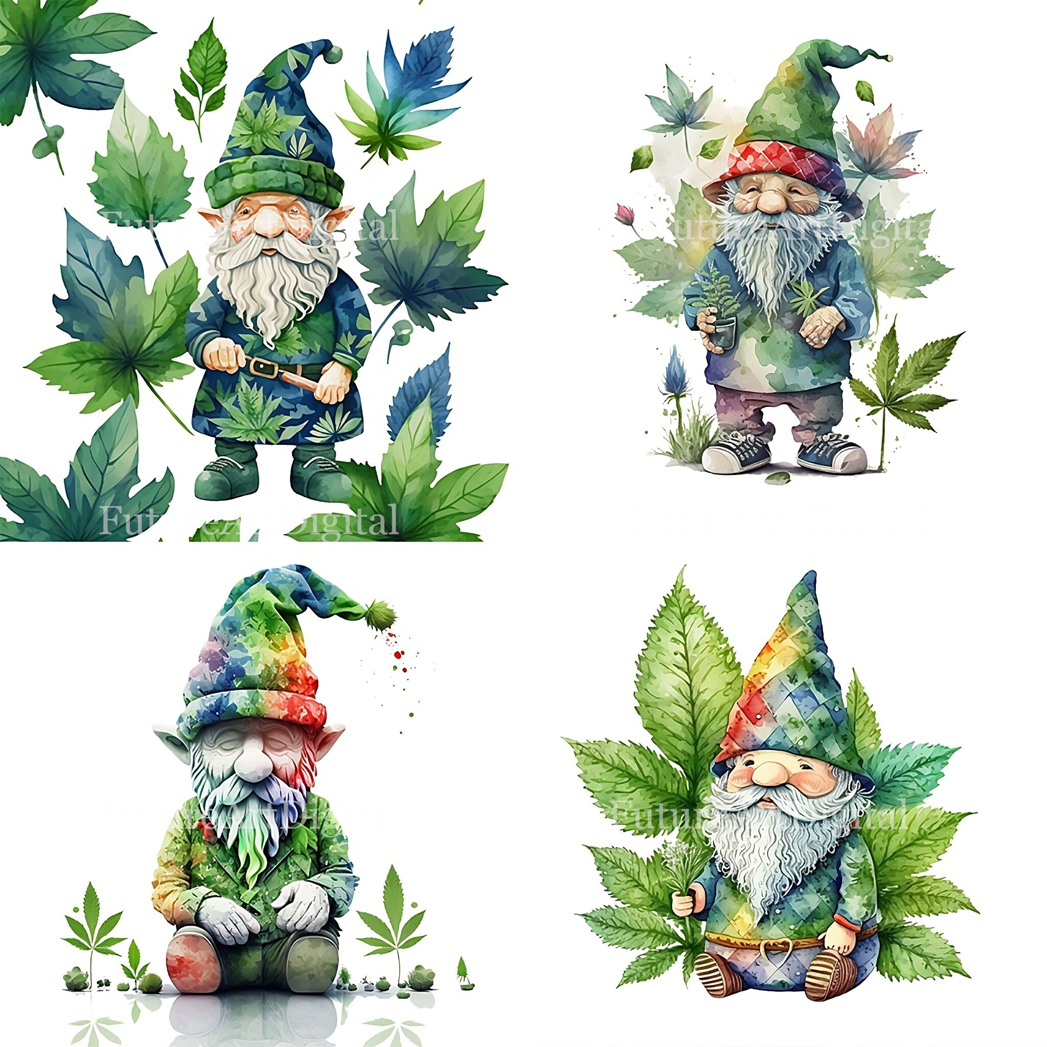 Watercolor Gnome With Cannabis Leaf Digital Clipart Gnome - Etsy