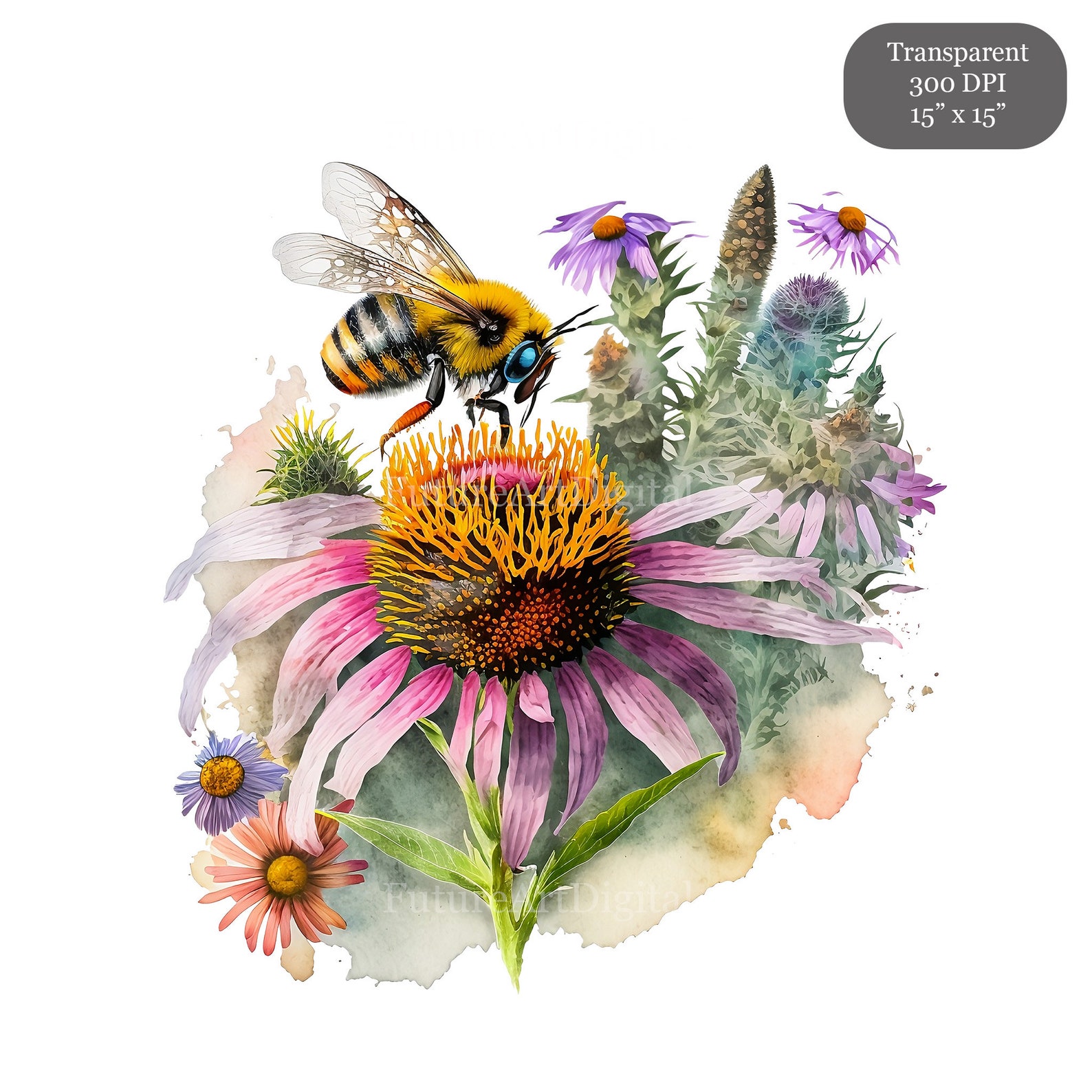 Watercolor Bee With Flowers PNG, Bee Digital Clipart, Bee Sublimation ...