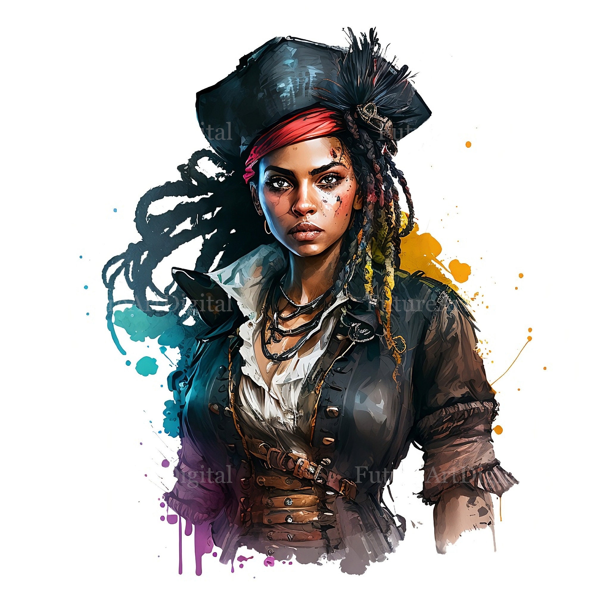 Watercolor Pirate Girl Sublimation PNG, Afro American Pirate Girl ...