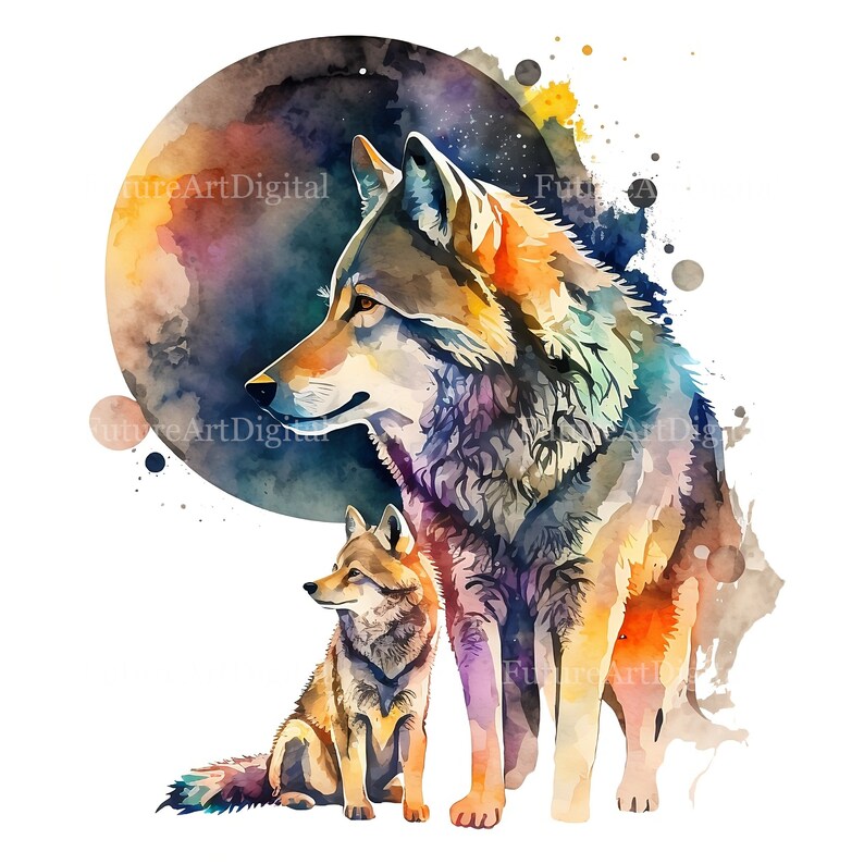Watercolor Celestial Moon Wolf Mom and Baby Digital Clipart, Wolf ...