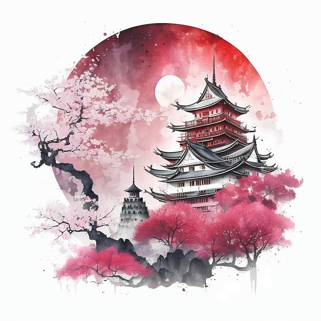 Watercolor Japan Castle PNG, Cherry Blossom Digital Clipart, Red Moon ...