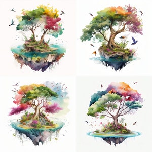 Watercolor Tree on a Floating Island Sublimation Clipart, Giant Tree ...
