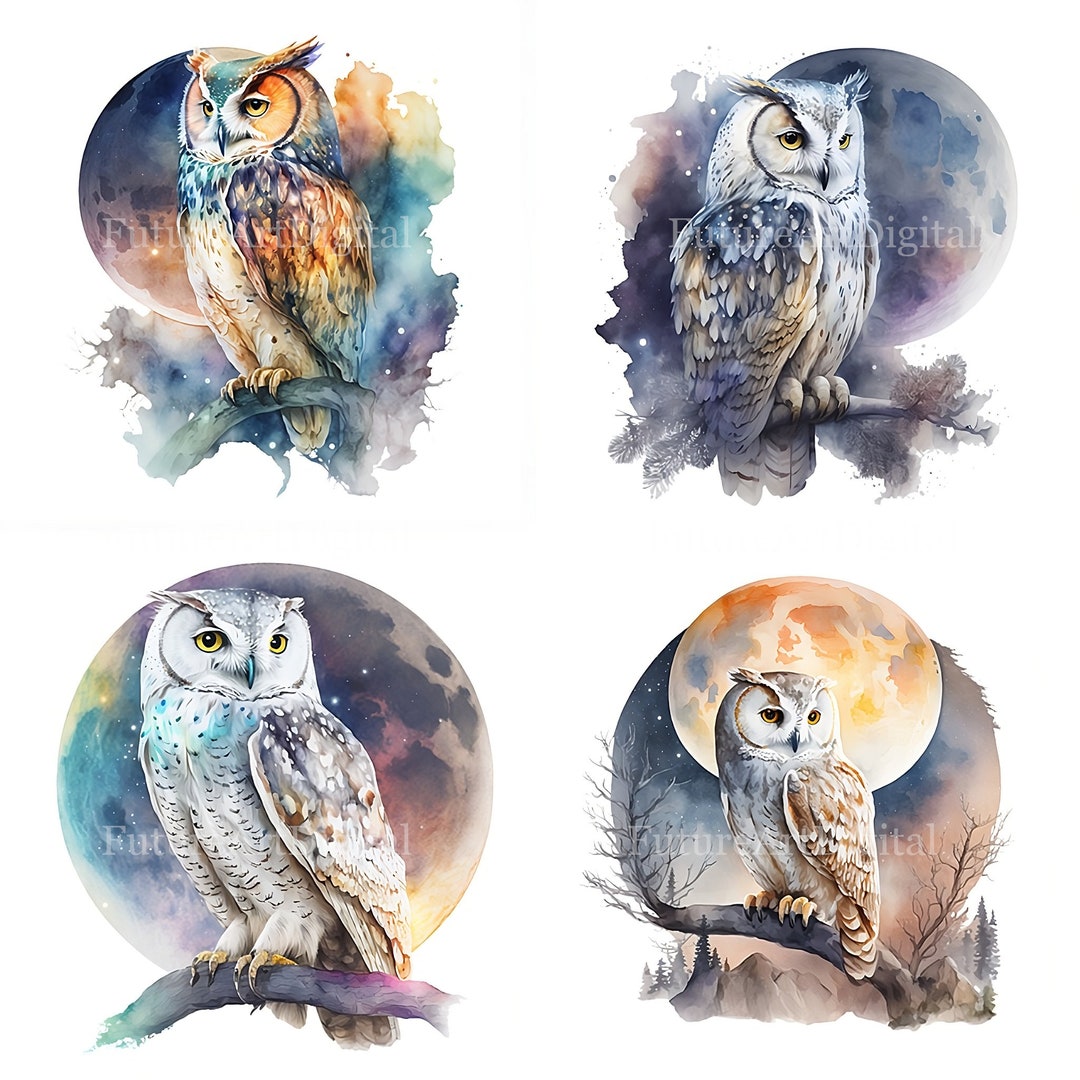 Watercolor Moon Owl Sublimation PNG, Moon Owl Digital Clipart, Owl ...