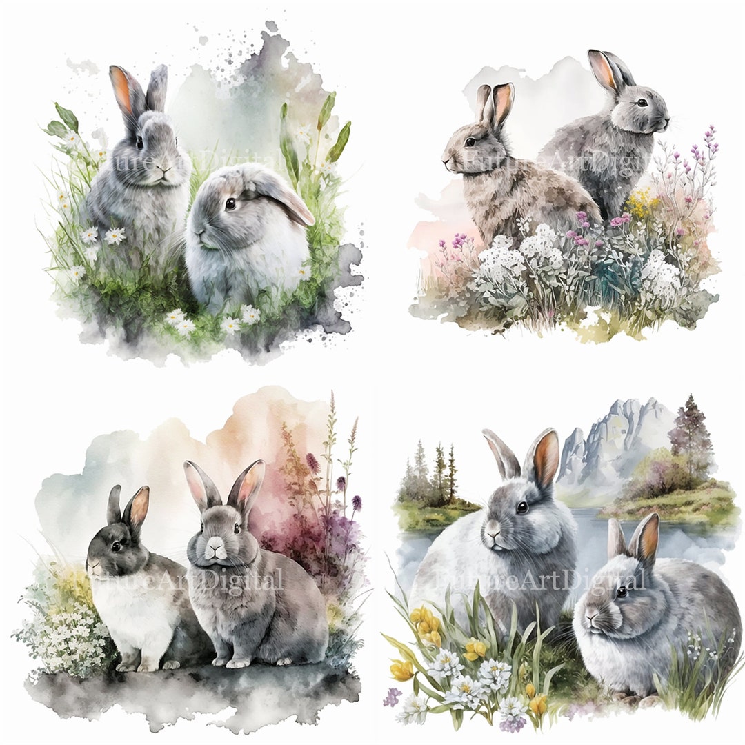 Watercolor Angora Bunny Couple Printable Wall Art, Angora Bunnies ...
