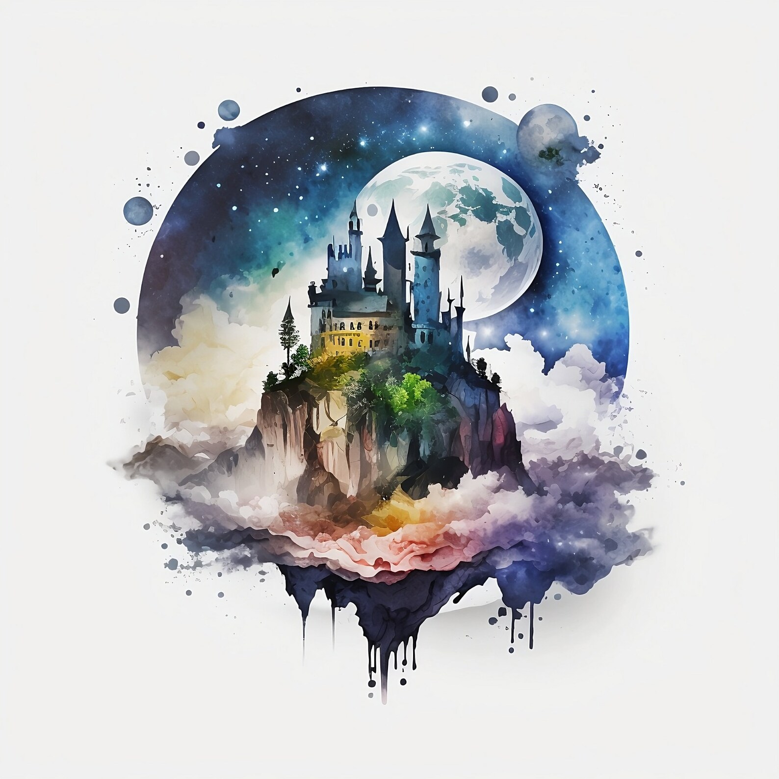 Watercolor Castle on a Floating Island PNG, Castle Digital Clipart ...