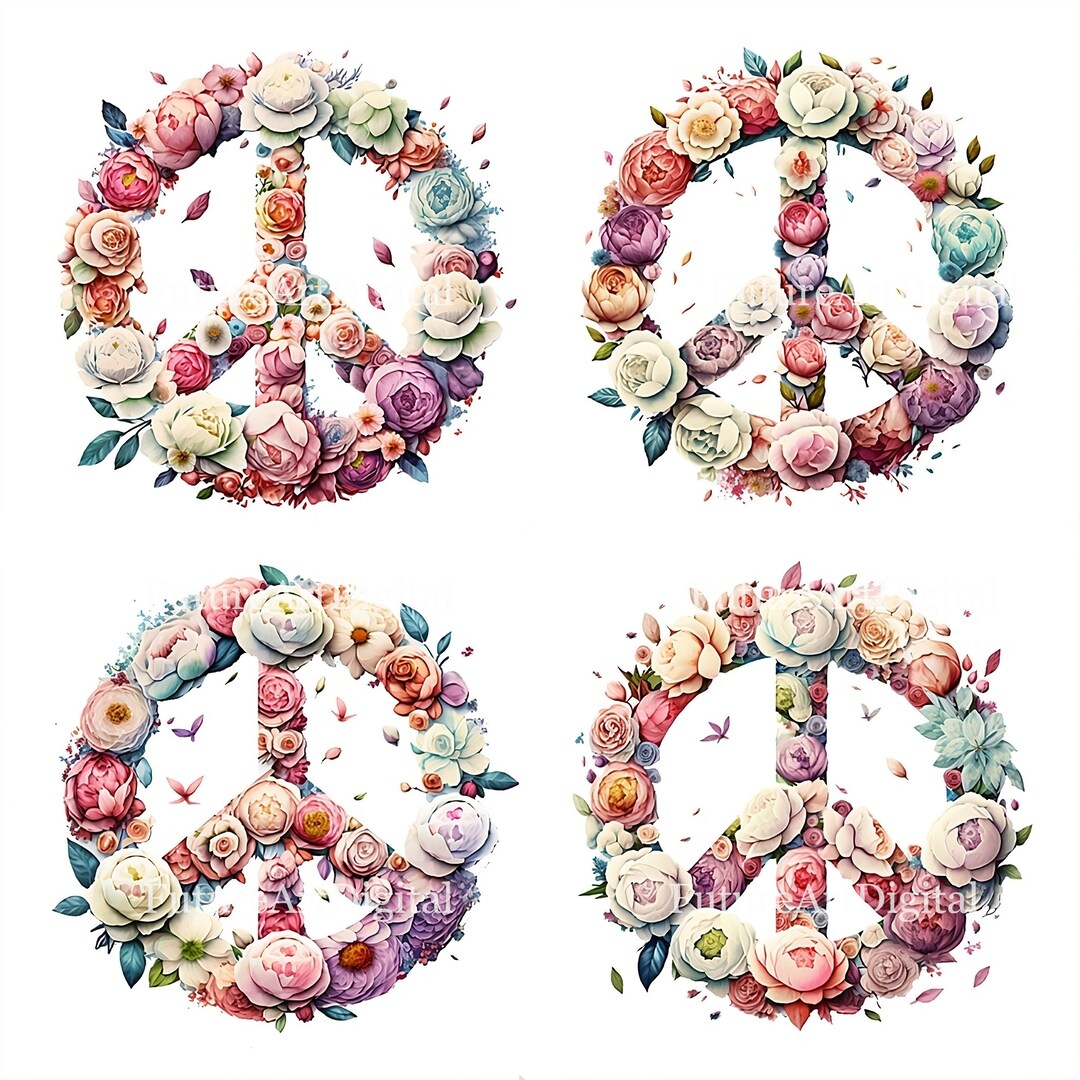 Watercolor Peace Symbol With Peony Roses Digital Clipart, Peace Sign ...