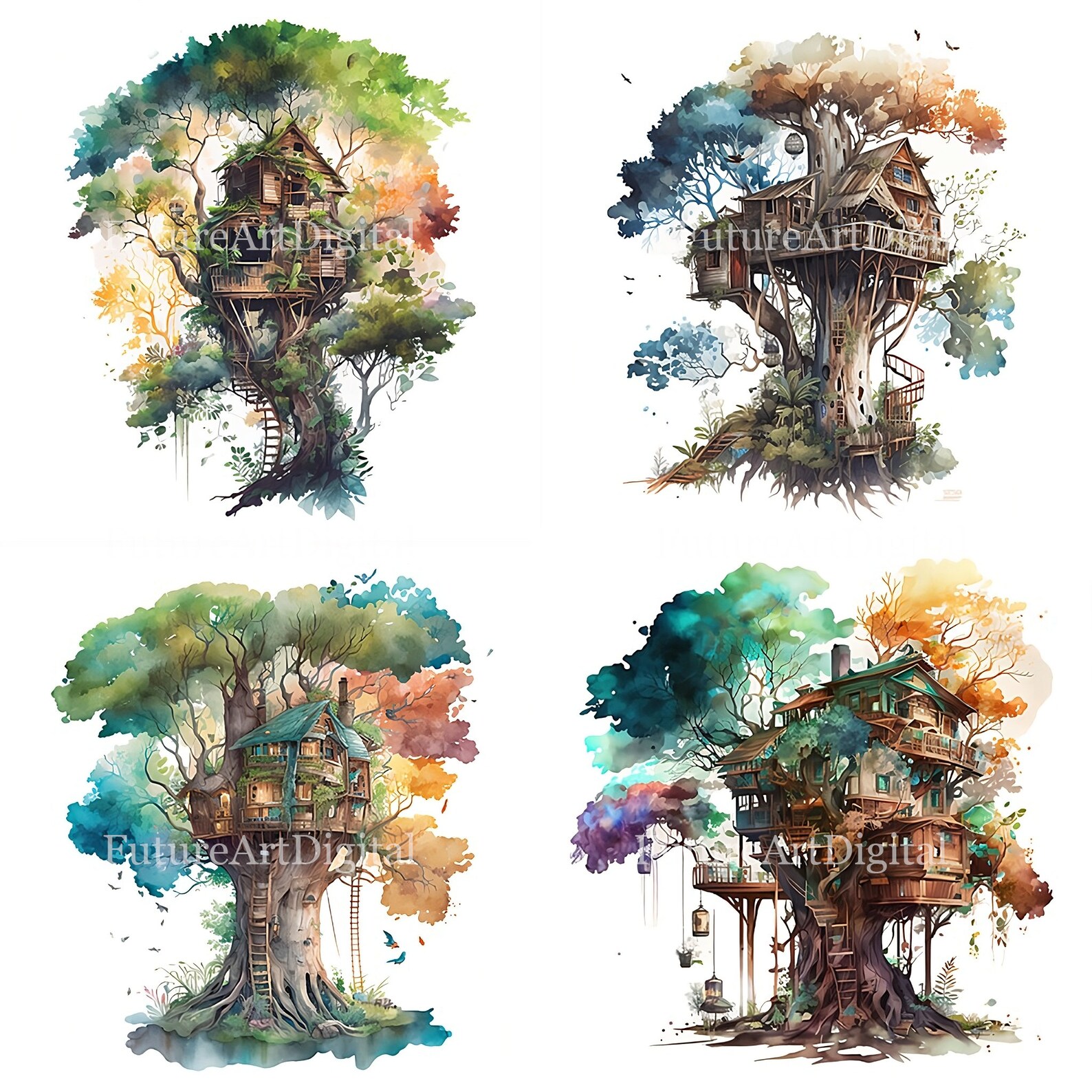 Watercolor Treehouse Sublimation PNG, Treehouse Digital Clipart ...