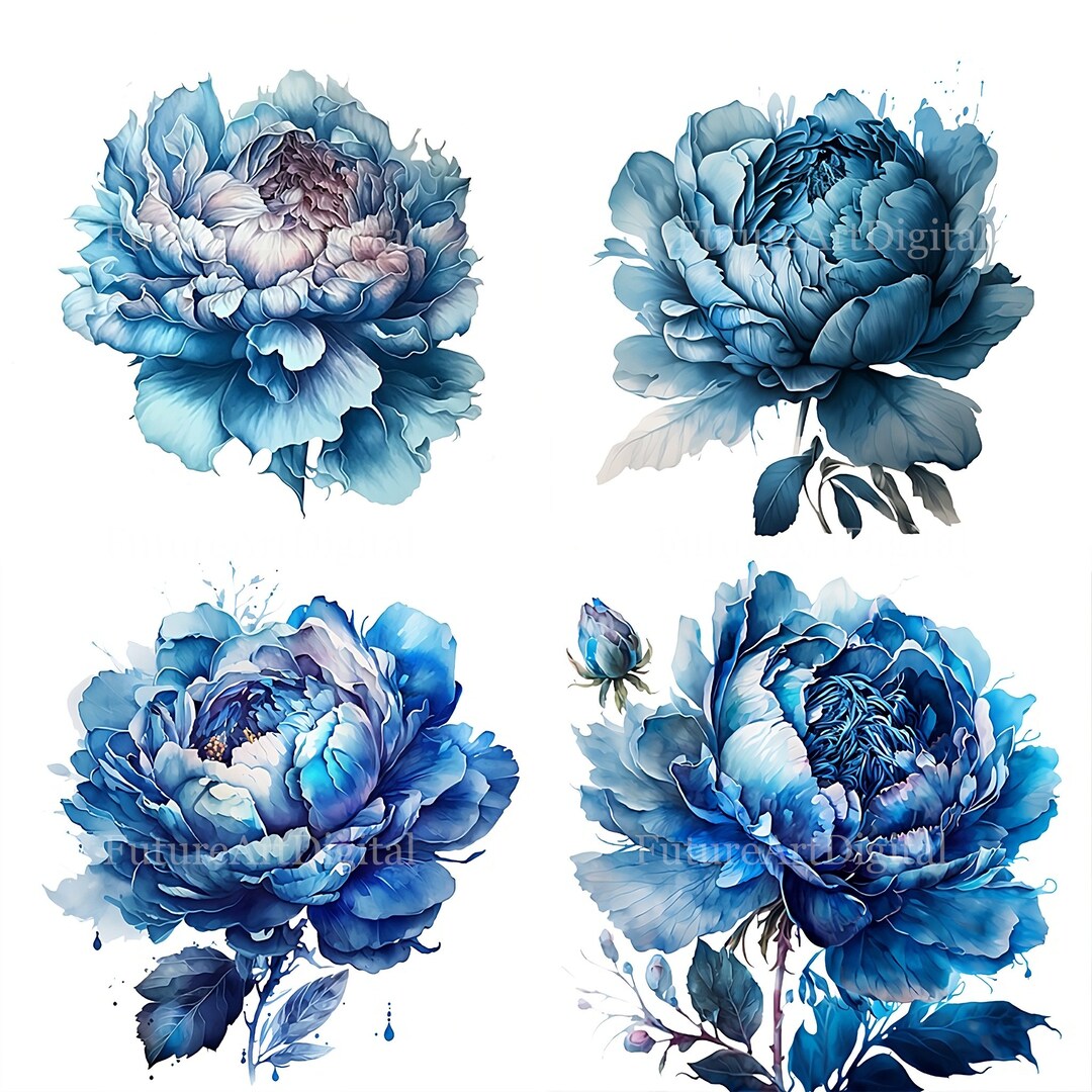 Watercolor Blue Peony Sublimation PNG, Blue Peony Rose Digital Clipart ...