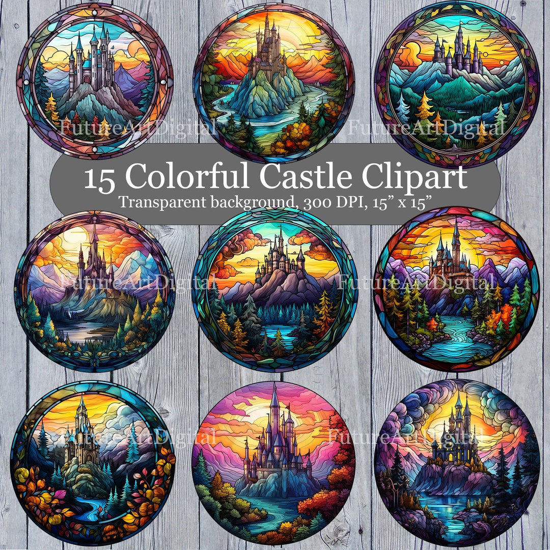 15 Stained Glass Castle Digital Clipart, Castle With Mountain and ...