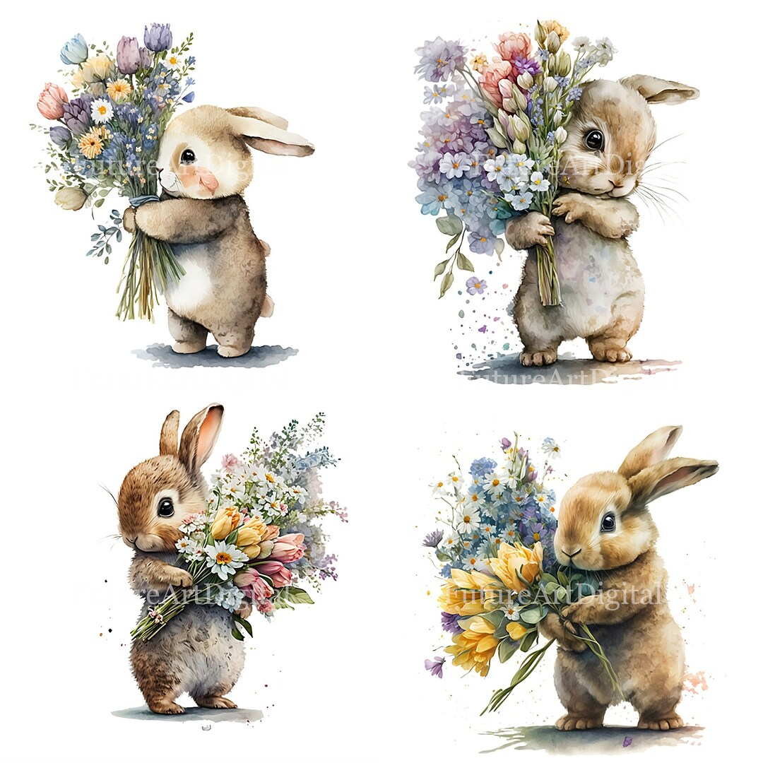 Watercolor Easter Bunny With Flowers PNG, Easter Bunny Sublimation ...