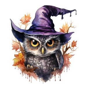 12 Watercolor Witch Owl Sublimation PNG, Halloween Owl Digital Clipart ...