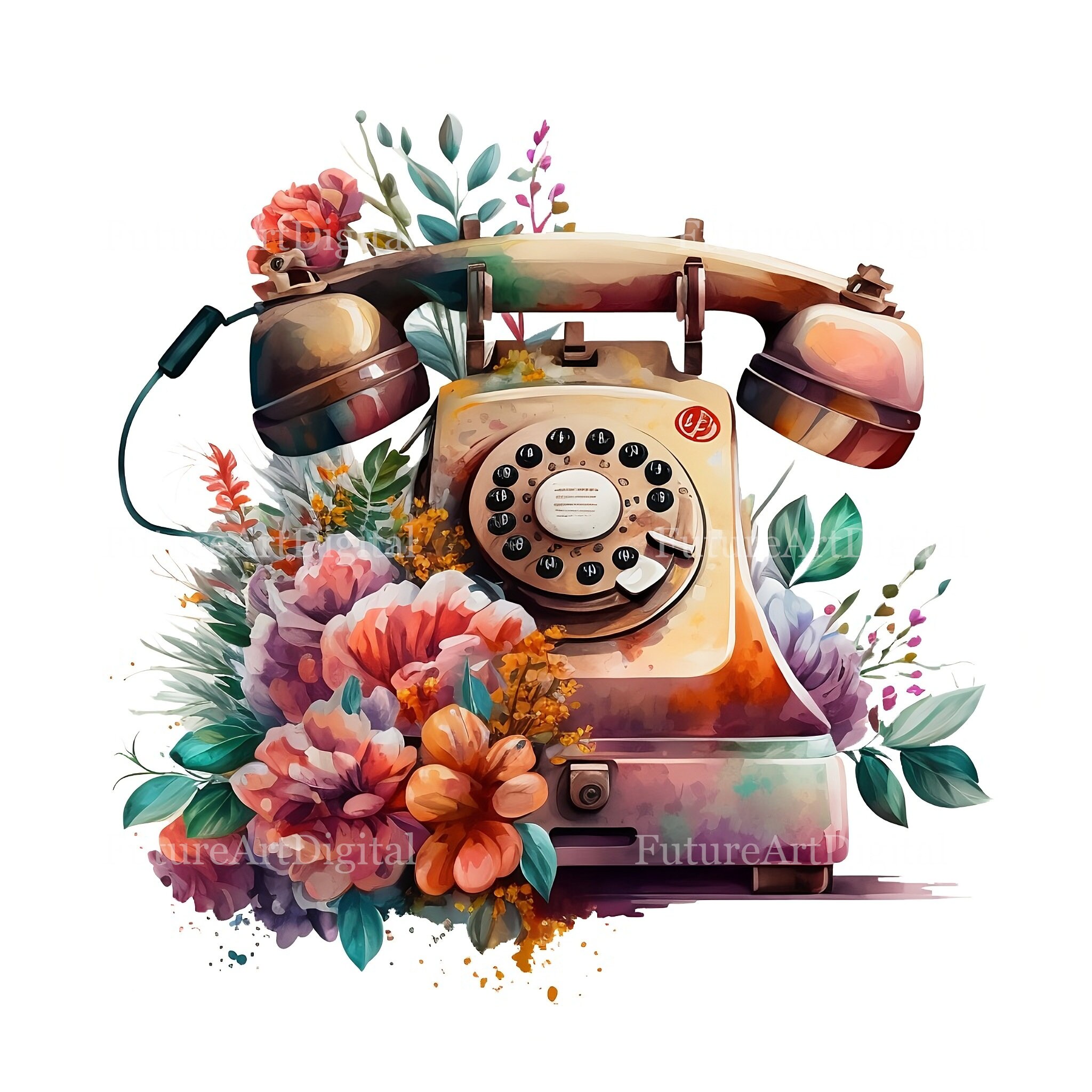Watercolor Retro Landline Phone Sublimation PNG, Retro Telephone ...