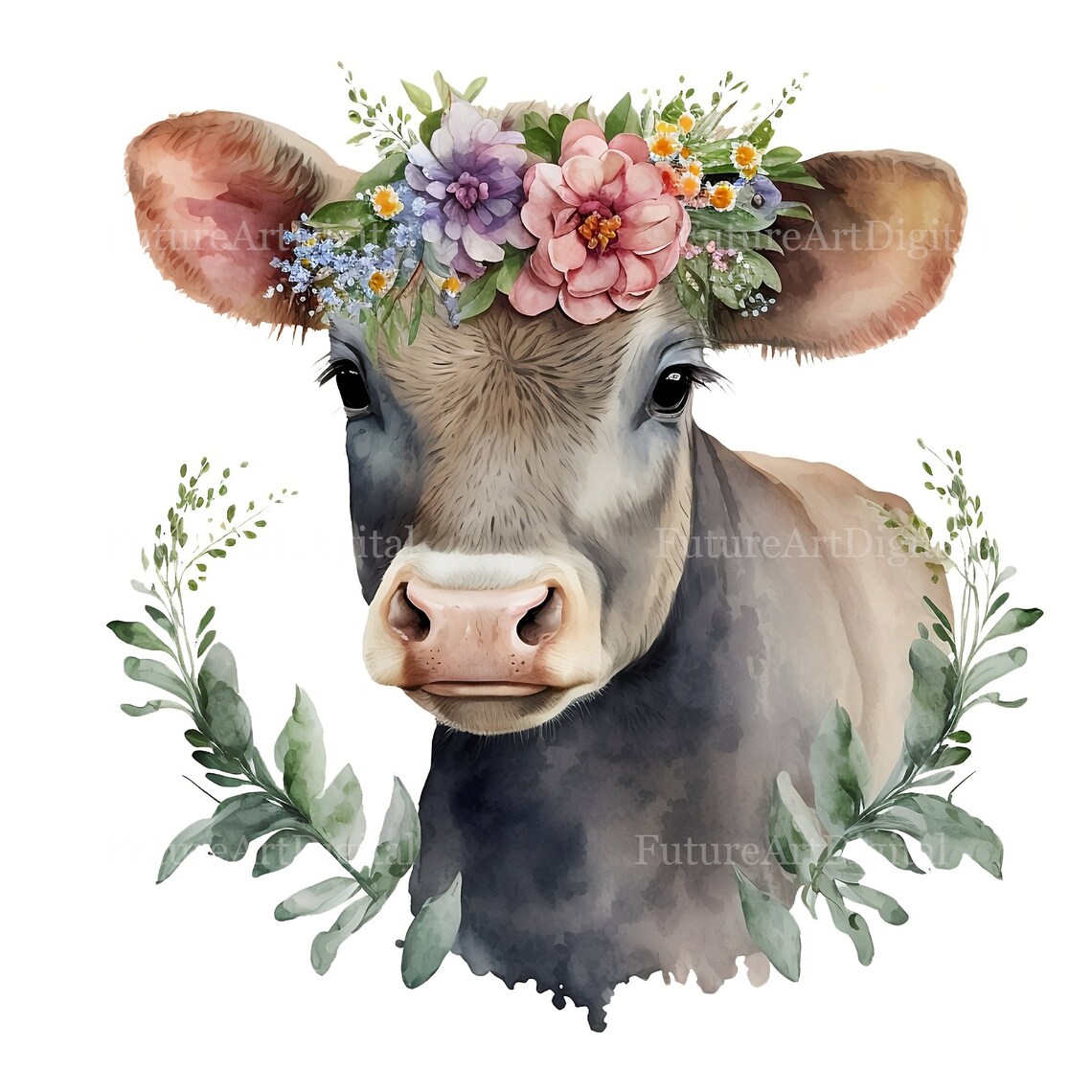 Watercolor Baby Cow With Floral Wreath Sublimation PNG, Baby Cow ...