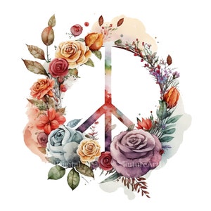 Watercolor Peace Sign With Roses Sublimation PNG, Peace Symbol Digital ...