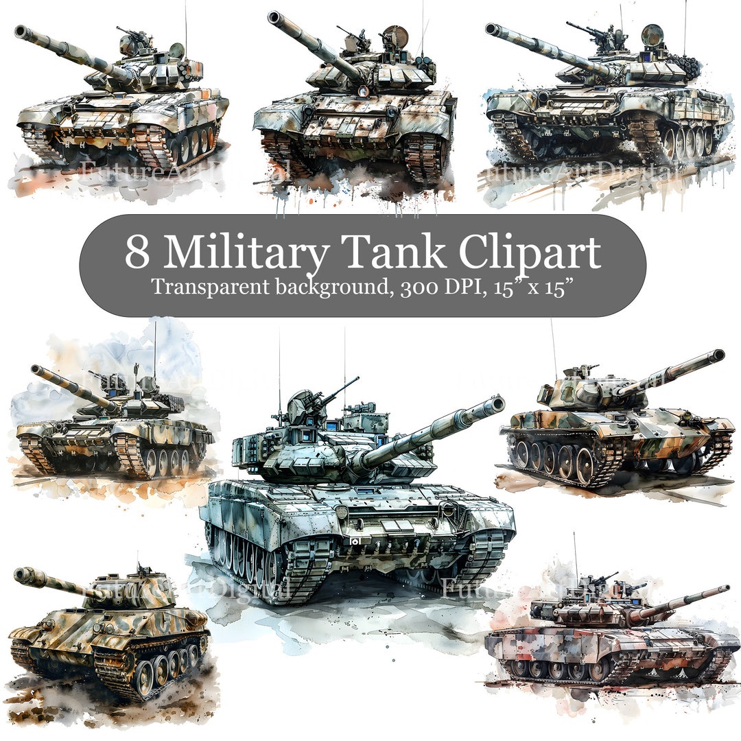 8 Watercolor Military Tank Digital Clipart, Tank Sublimation PNG ...