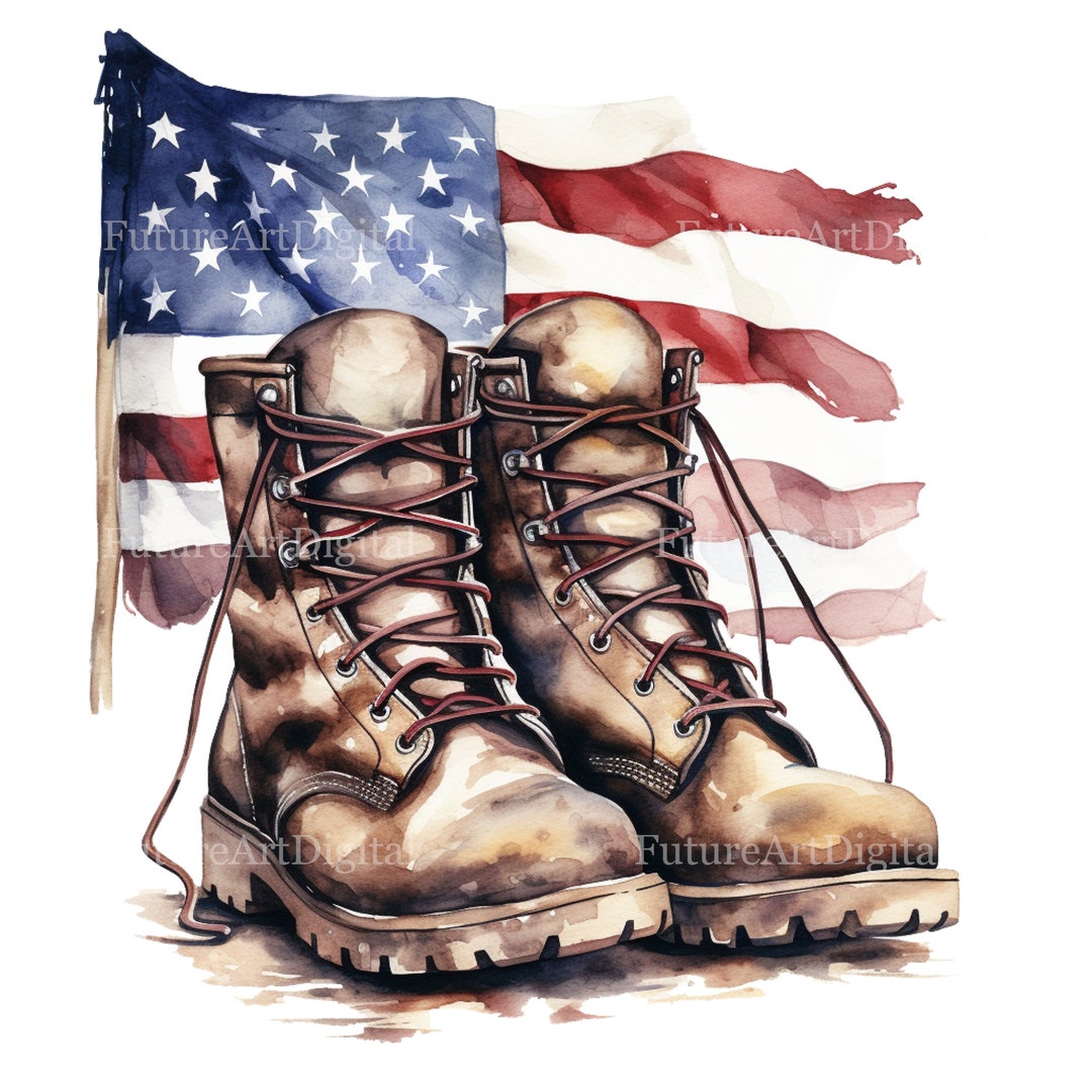 Watercolor Army Boots With American Flag Digital Clipart, US Flag With ...