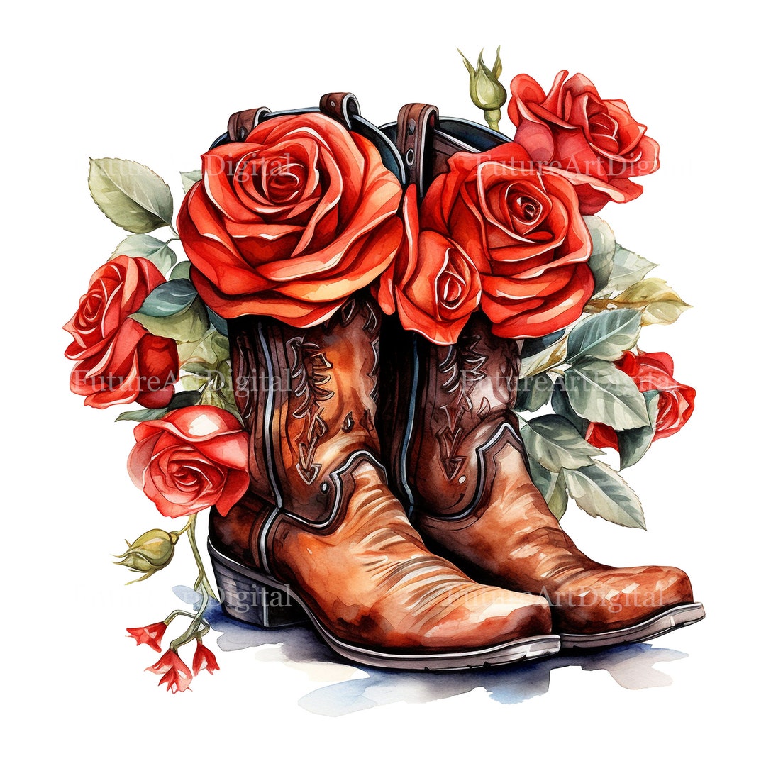 10 Watercolor Cowboy Boots With Roses Digital Clipart, Transparent ...