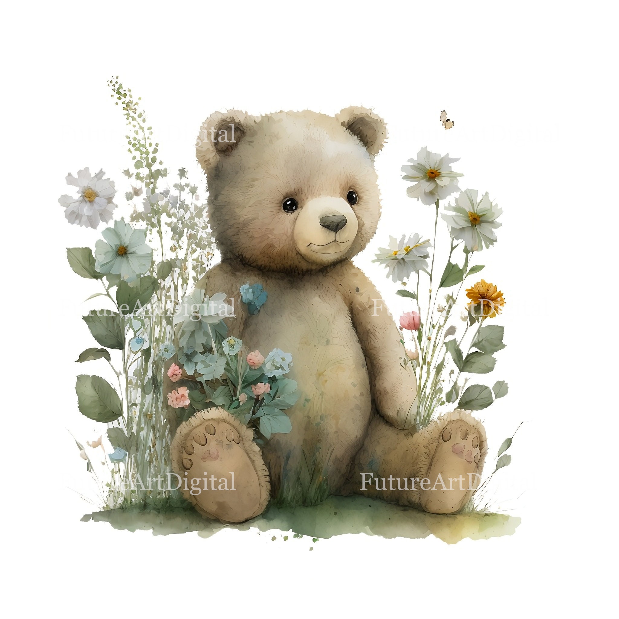 Watercolor Teddy Bear With Flowers Nursery Room Decor Teddy - Etsy