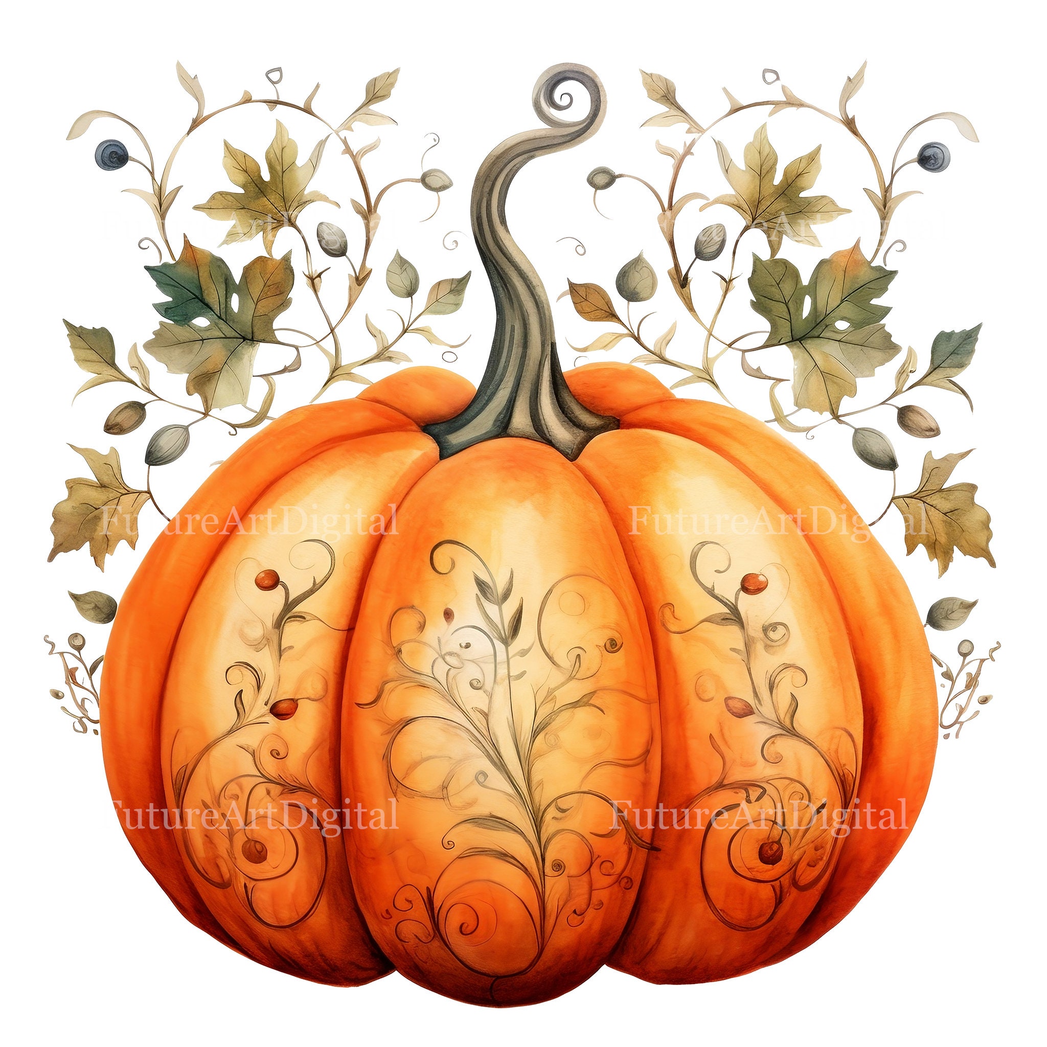 Watercolor Boho Pumpkin Digital Clipart, Set of 10 Boho Pumpkin ...