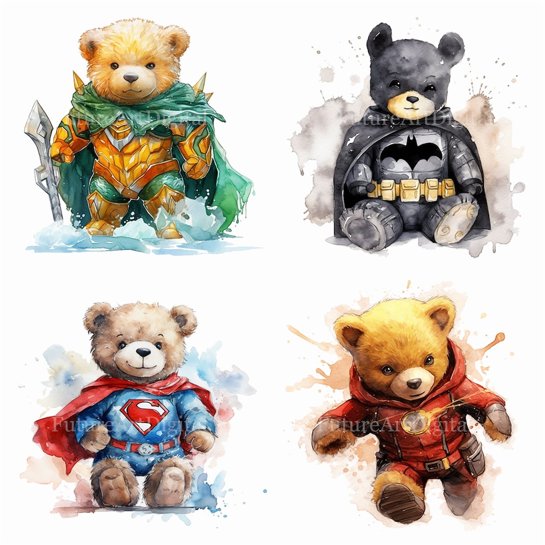 Watercolor Superhero Teddy Bear Sublimation PNG, Teddy Bear Superheroes ...
