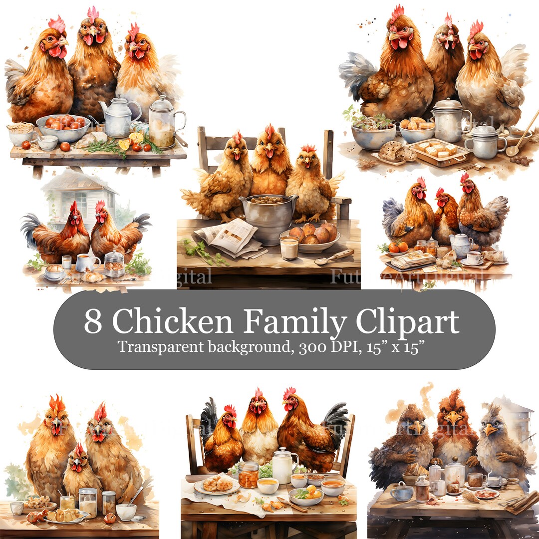 Watercolor Chicken Family at the Table Digital Clipart Bundle, 8 ...