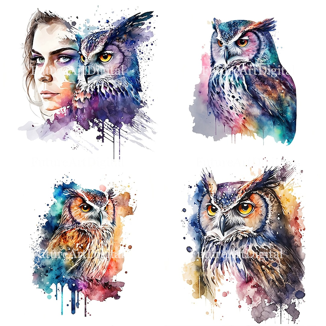 Watercolor Celestial Owl Digital Clipart, Owl Card Making PNG, Owl ...