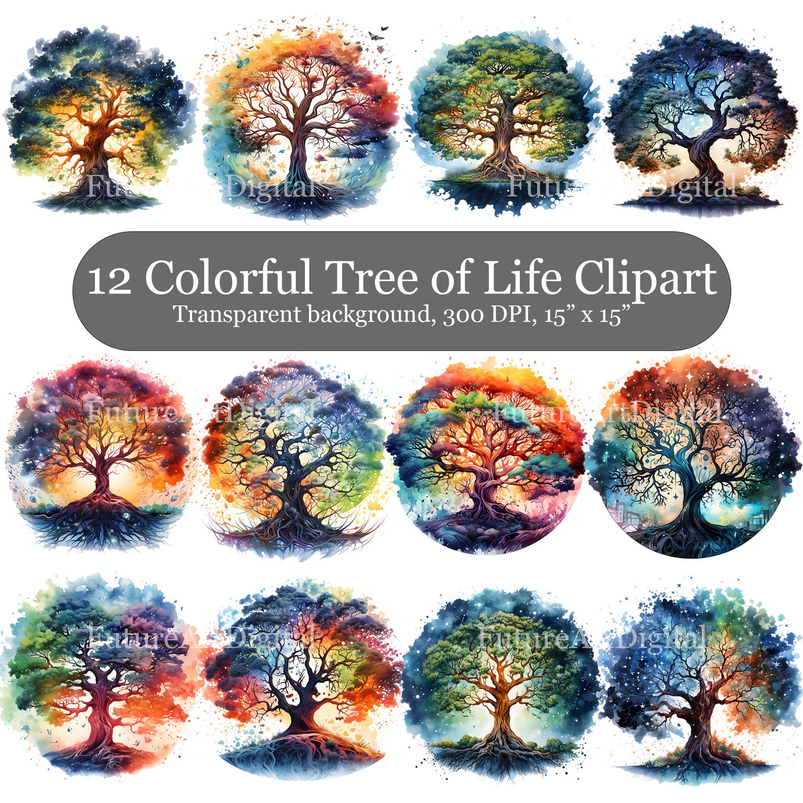12 Watercolor Tree of Life Sublimation PNG, Colorful Tree of Life ...