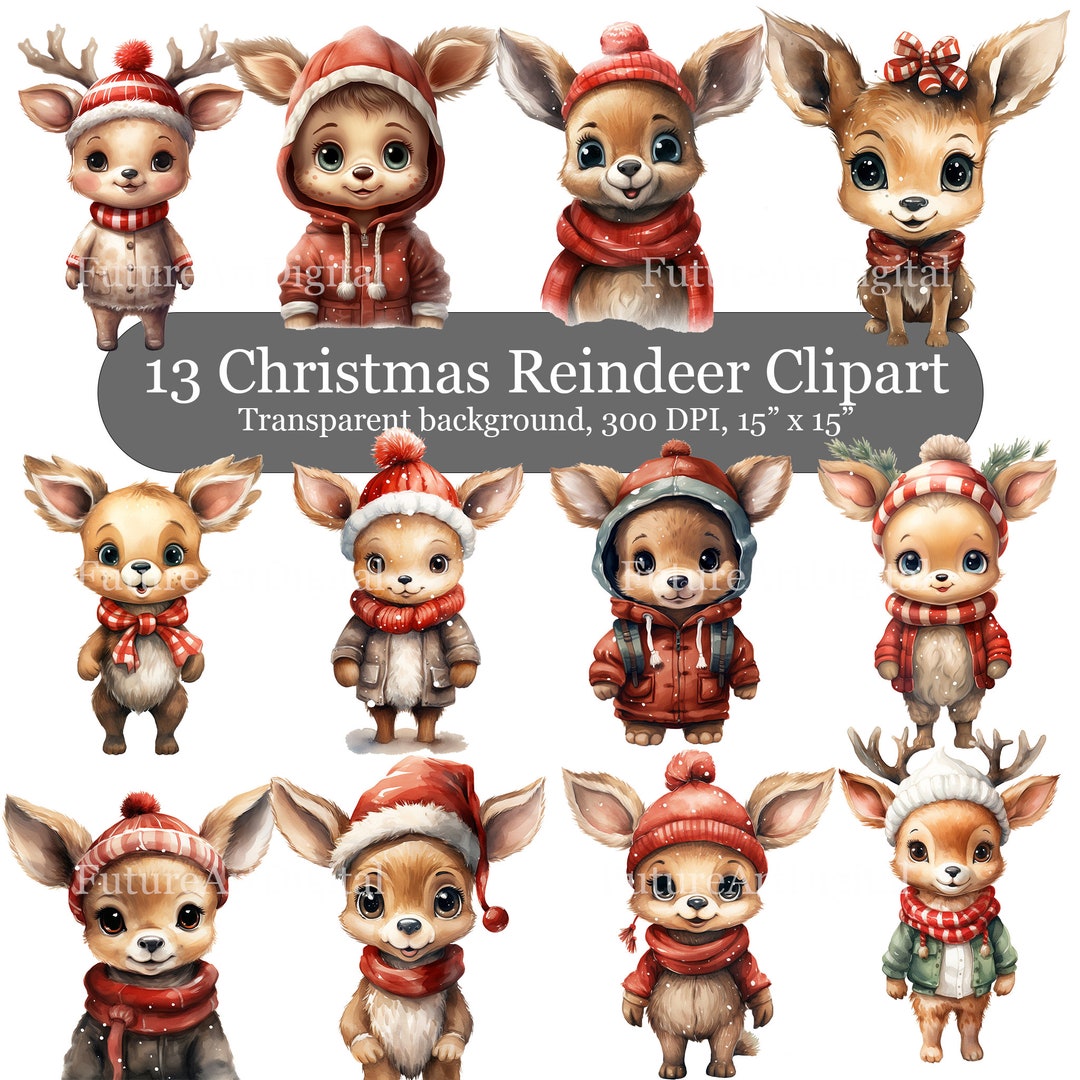 13 Watercolor Christmas Reindeer Digital Clipart, Cute Baby Reindeer ...