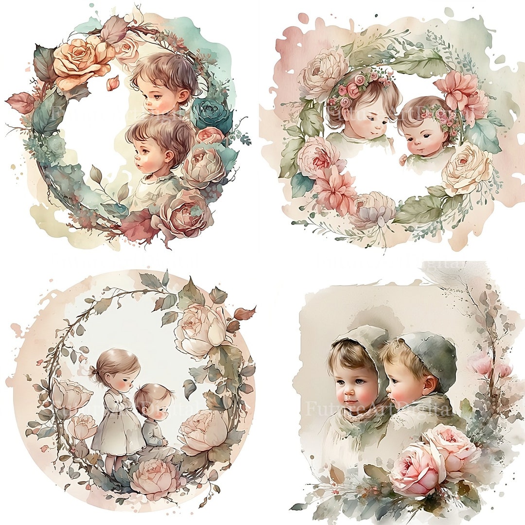 Watercolor Children in a Floral Frame Sublimation PNG, 2 Children in a ...