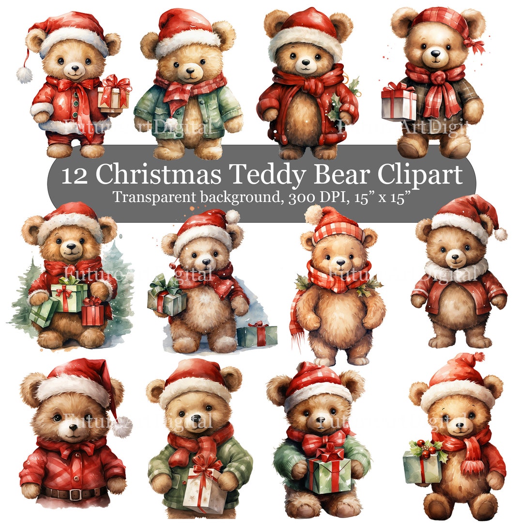 12 Watercolor Christmas Teddy Bear Digital Clipart Cute Teddy - Etsy