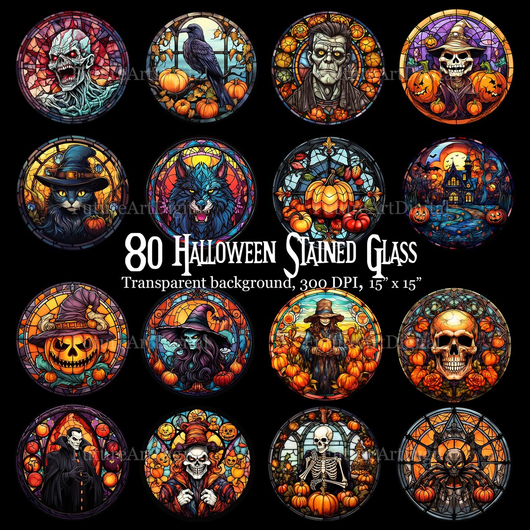 80 Stained Glass Halloween Clipart, Stained Glass Monsters Halloween ...