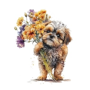Watercolor Puppy With a Flower Bouquet Digital Clipart, Puppy With ...