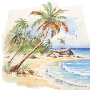 Watercolor Beach With Palm Trees Digital Clipart, Beach Printable Wall ...