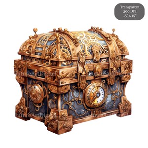 12 Watercolor Steampunk Treasure Chest Digital Clipart, Treasure Chest ...