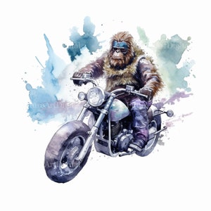 Watercolor Bigfoot Riding a Motorcycle Sublimation PNG, Bigfoot Digital ...