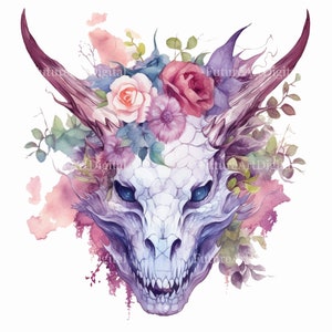Watercolor Dragon Skull With Flowers Digital Clipart, Dragon Skull ...