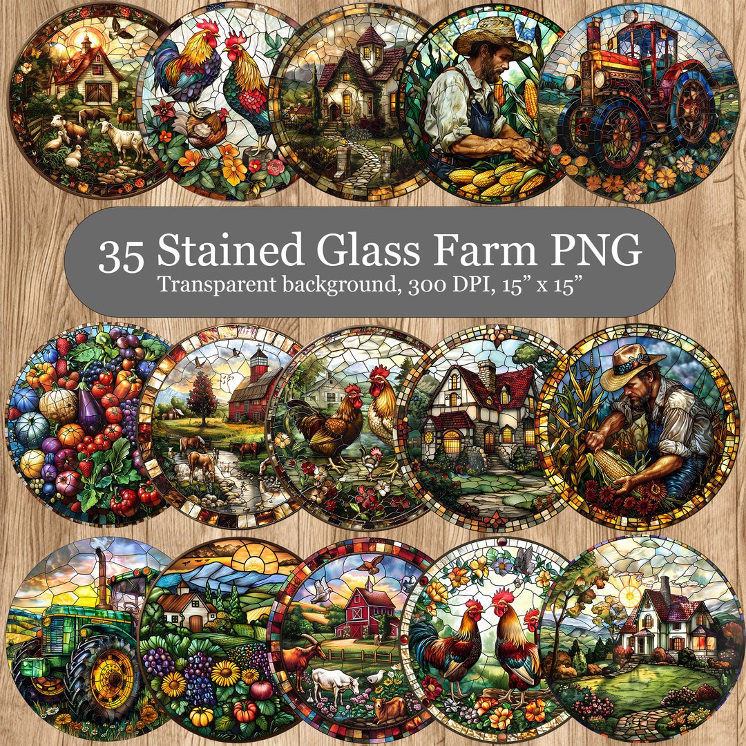 Stained Glass Farm Clipart Bundle, 35 Farm Stained Glass PNG, Stained ...