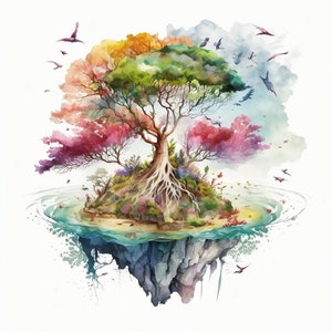 Watercolor Tree on a Floating Island Sublimation Clipart, Giant Tree ...