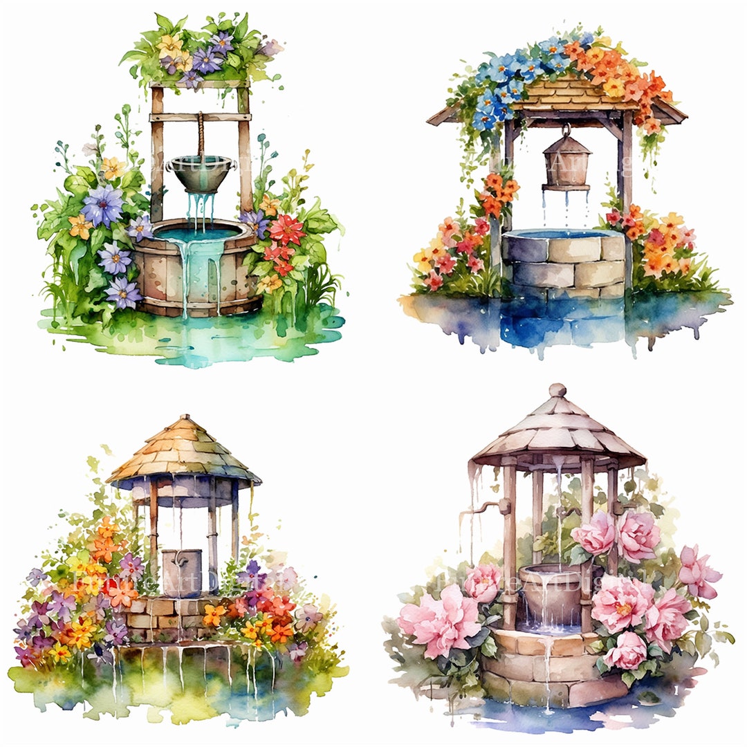 Watercolor Old Well With Flowers Digital Clipart, Rustic Well ...