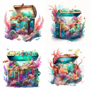 Watercolor Treasure Chest PNG, Underwater Sea Life With Treasure Chest ...
