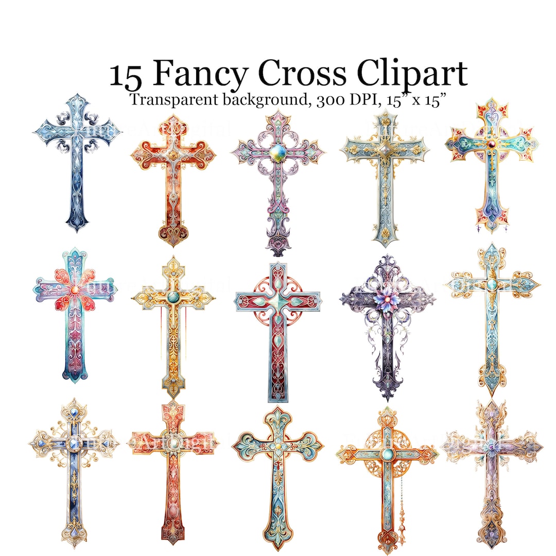 15 Transparent Cross Digital Clipart, Watercolor Fancy Cross ...